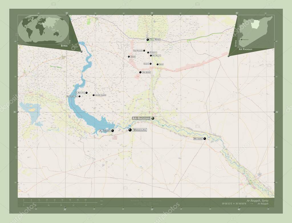 Ar Raqqah, province of Syria. Open Street Map. Locations and names of ...