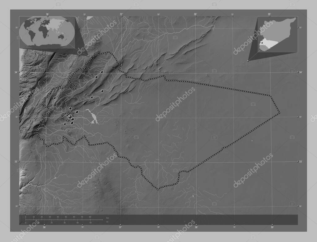 Damasco Rural, provincia de Siria. Mapa de elevación a escala de grises ...