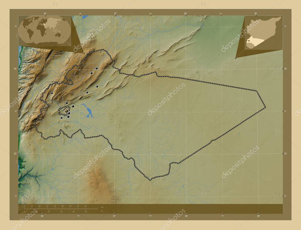 Damasco Rural, provincia de Siria. Mapa de elevación de colores con ...