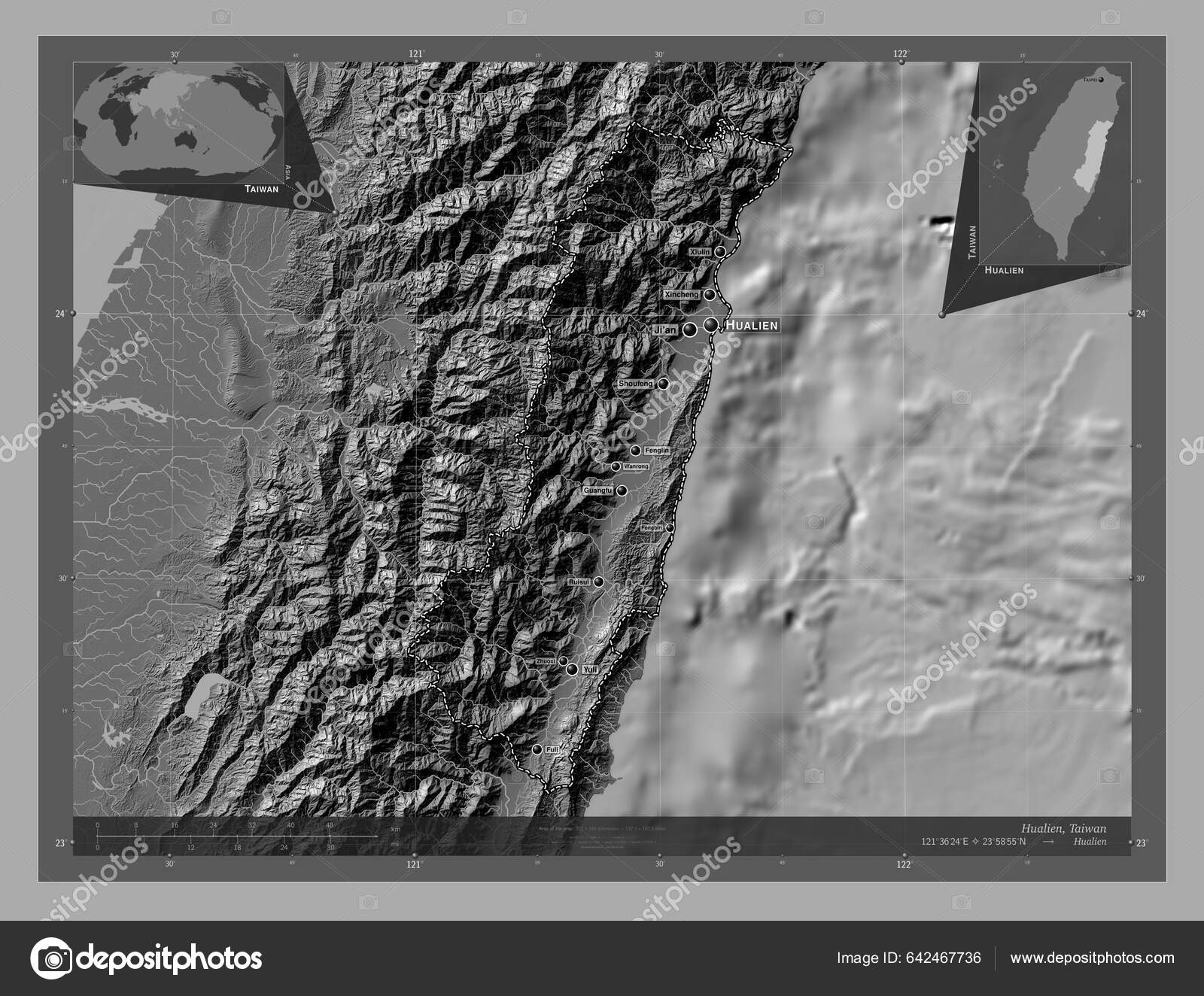 Hualien County Taiwan Bilevel Elevation Map Lakes Rivers Locations ...