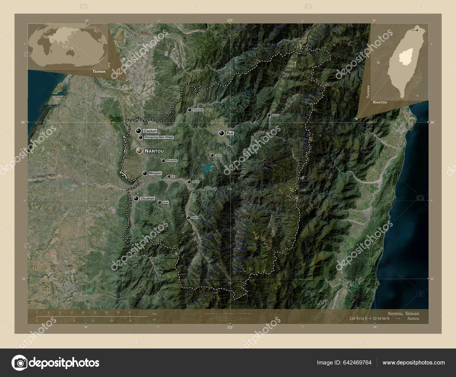 Nantou County Taiwan High Resolution Satellite Map Locations Names ...