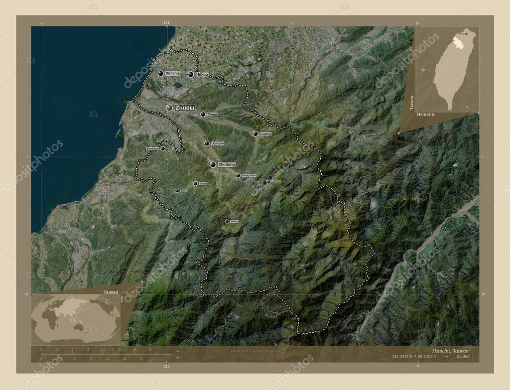 Hsinchu, county of Taiwan. High resolution satellite map. Locations and ...