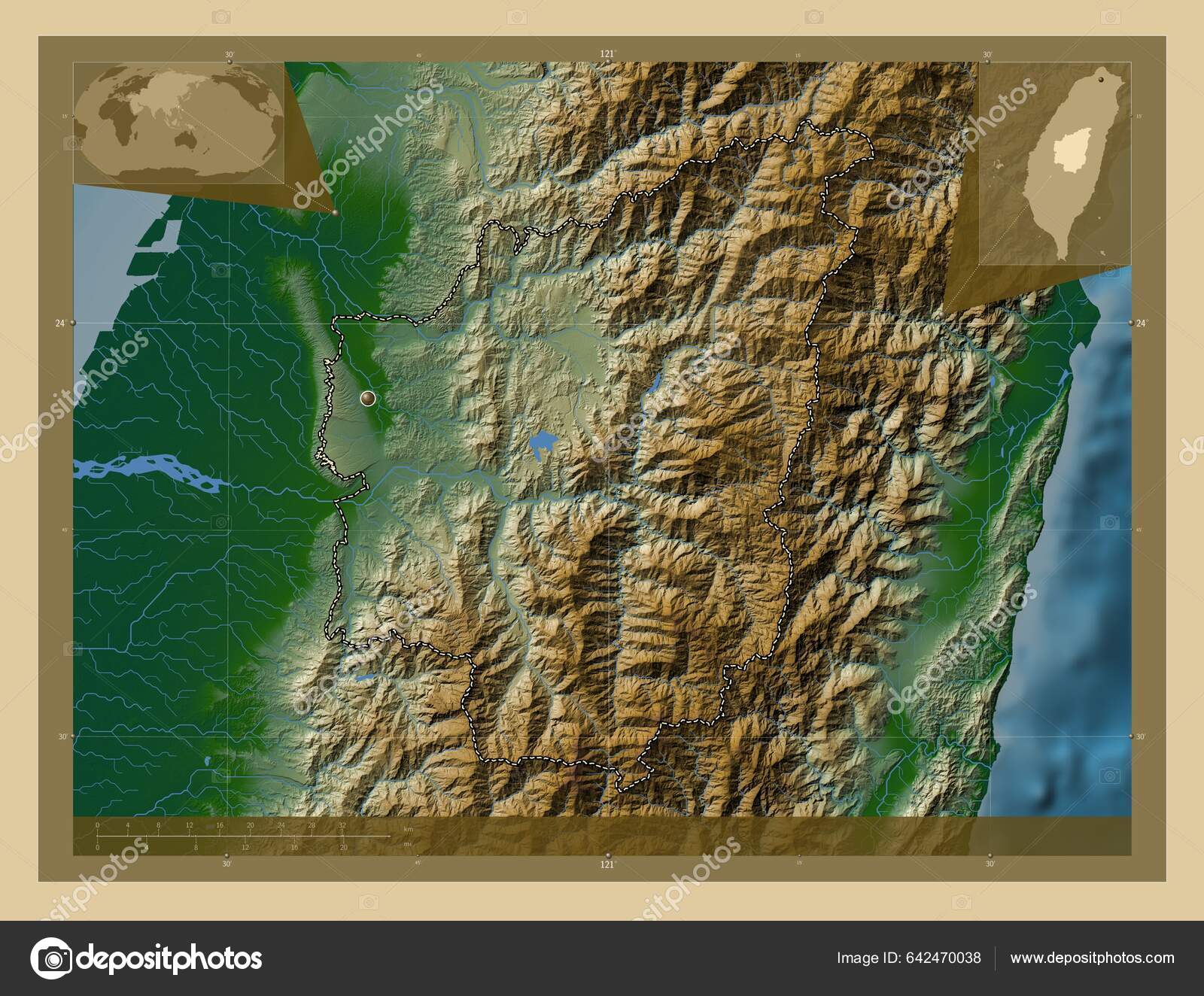 Nantou County Taiwan Colored Elevation Map Lakes Rivers Corner ...