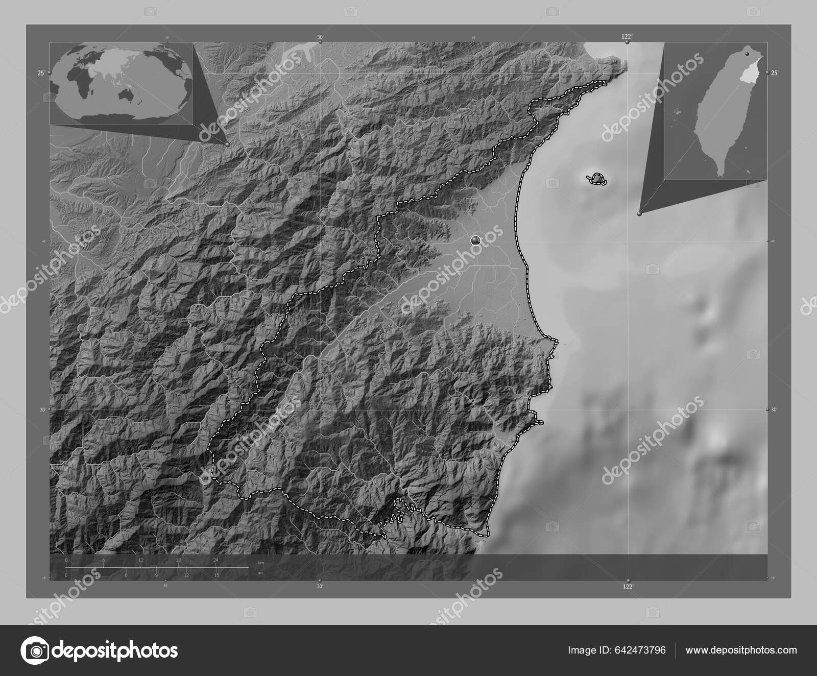 Yilan County Taiwan Grayscale Elevation Map Lakes Rivers Corner ...