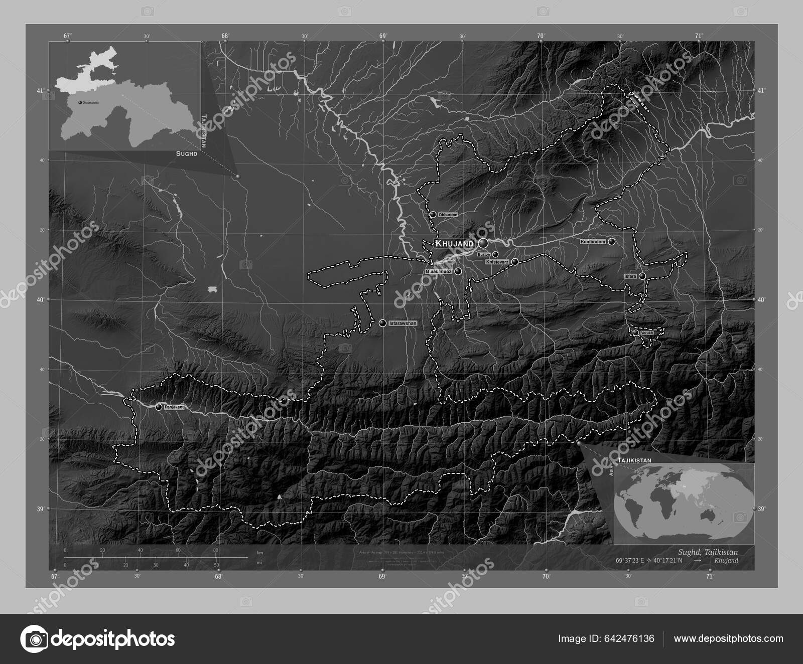 Sughd Region Tajikistan Grayscale Elevation Map Lakes Rivers Locations ...