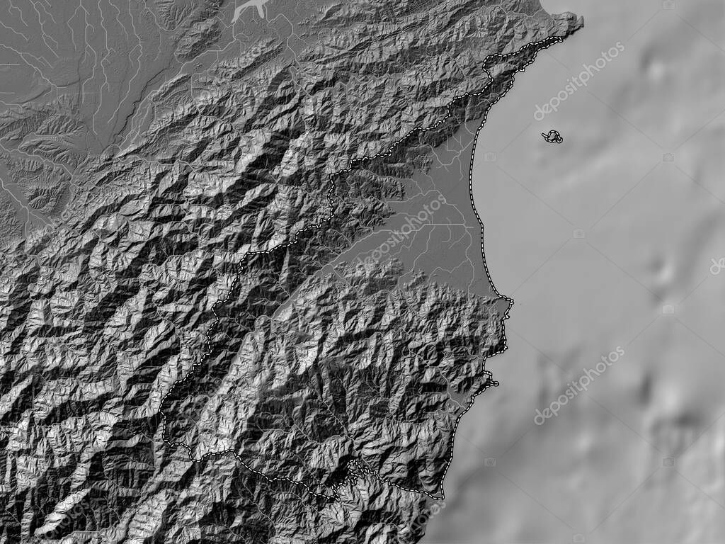 Yilan, county of Taiwan. Bilevel elevation map with lakes and rivers 2023