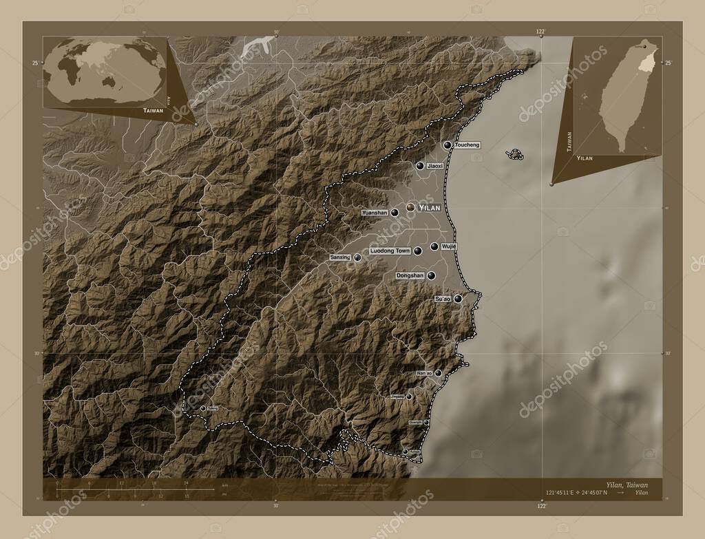 Yilan, condado de Taiwán. Mapa de elevación coloreado en tonos sepia ...
