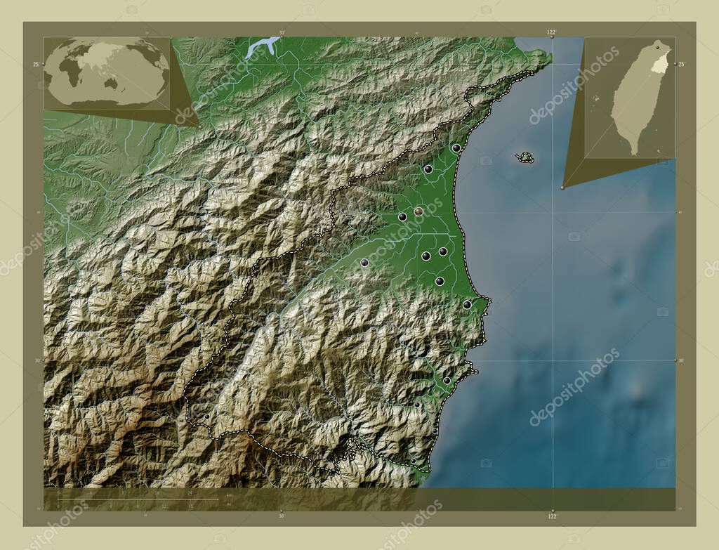 Yilan, county of Taiwan. Elevation map colored in wiki style with lakes ...
