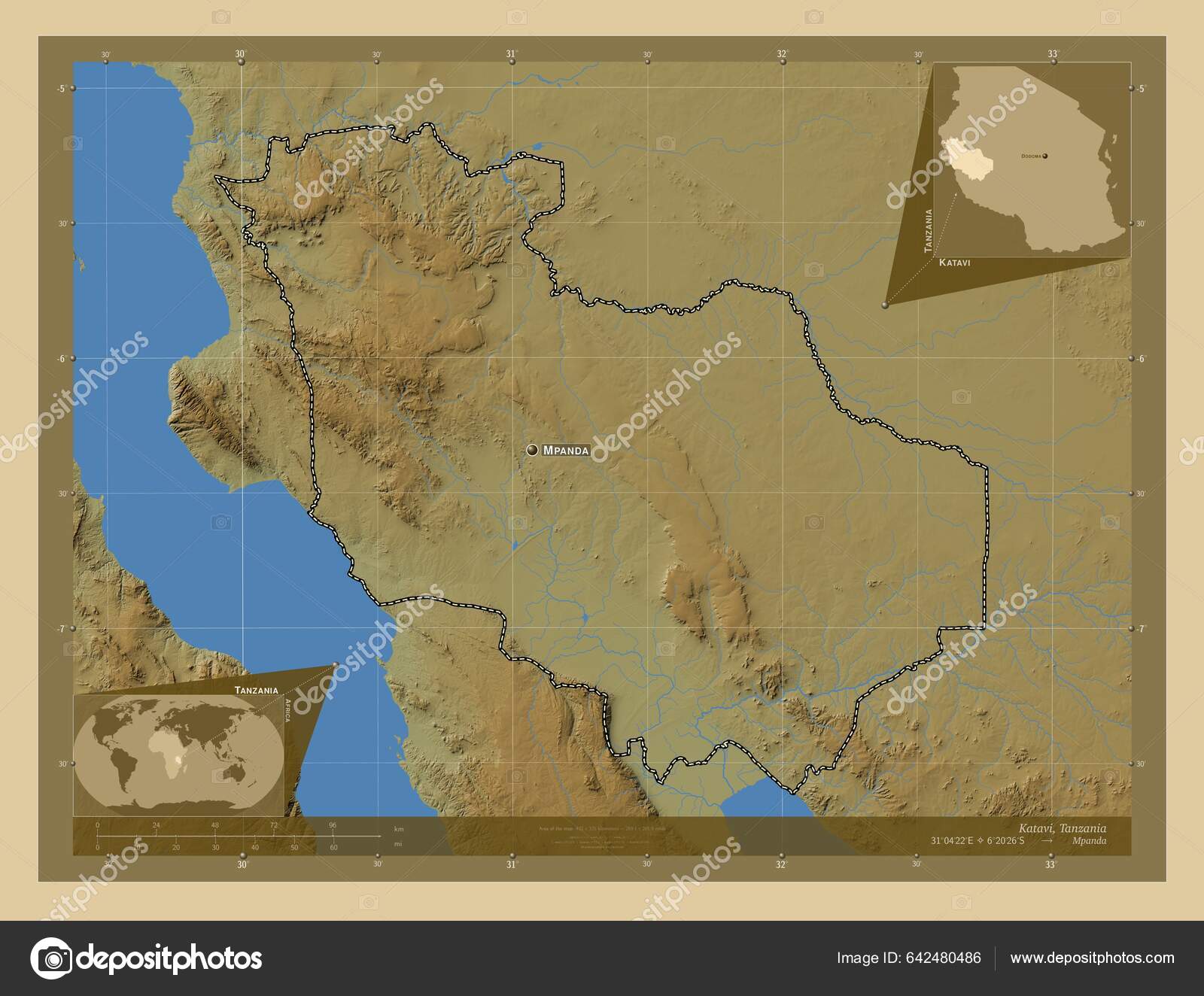 Katavi Region Tanzania Colored Elevation Map Lakes Rivers Locations ...