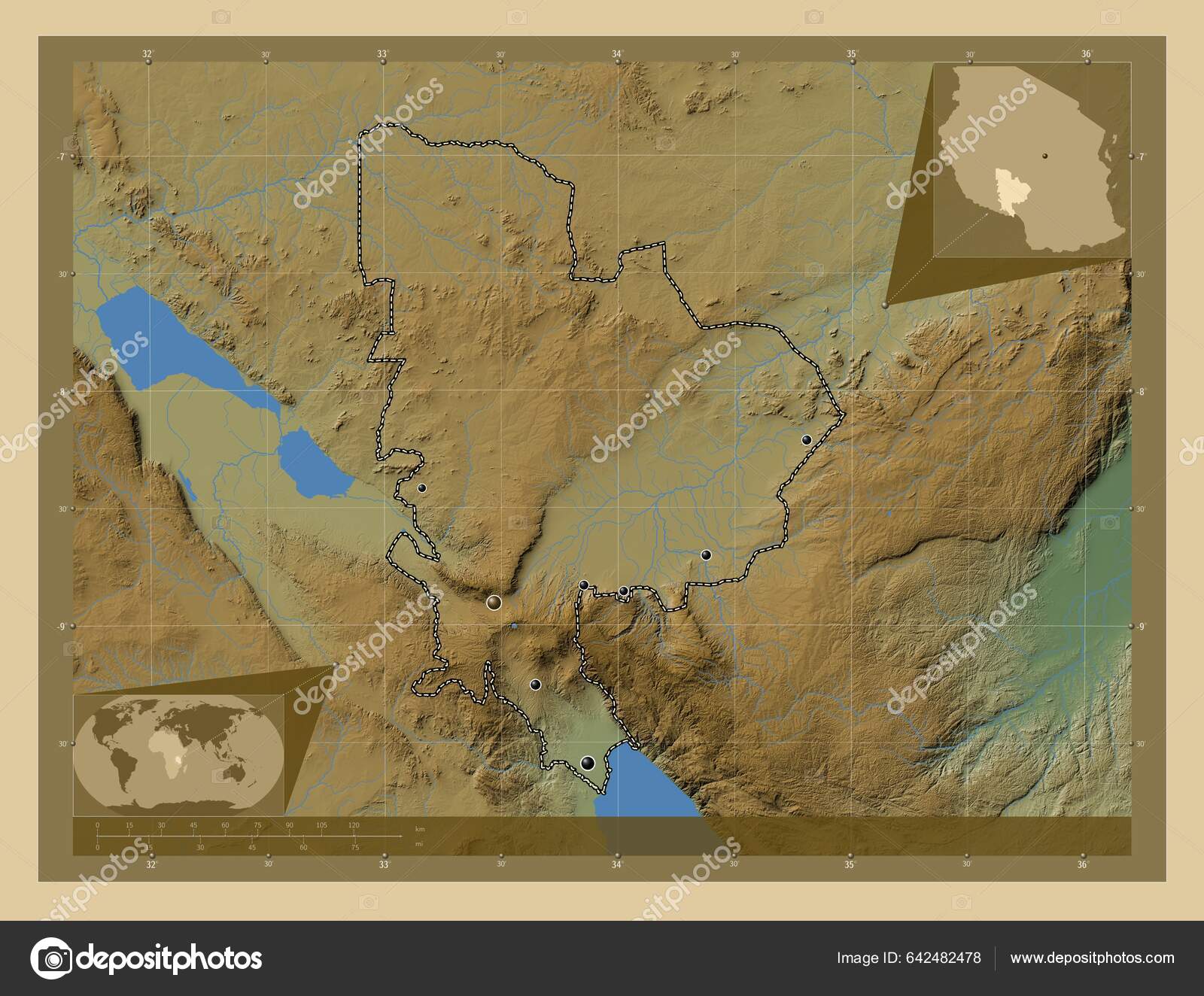 Mbeya Region Tanzania Colored Elevation Map Lakes Rivers Locations ...