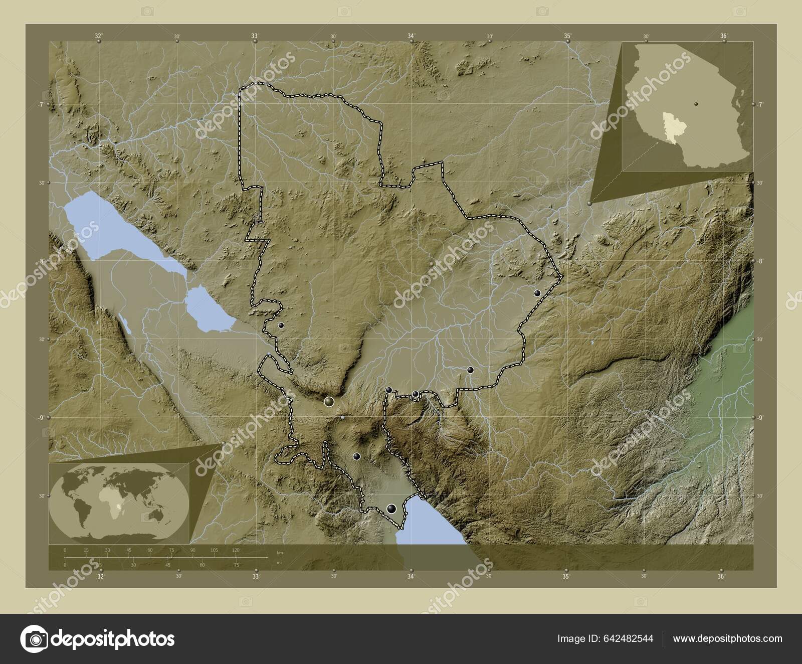 Mbeya Region Tanzania Elevation Map Colored Wiki Style Lakes Rivers ...