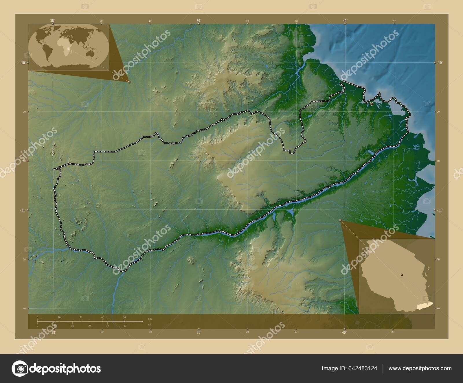 Mtwara Region Tanzania Colored Elevation Map Lakes Rivers Corner ...