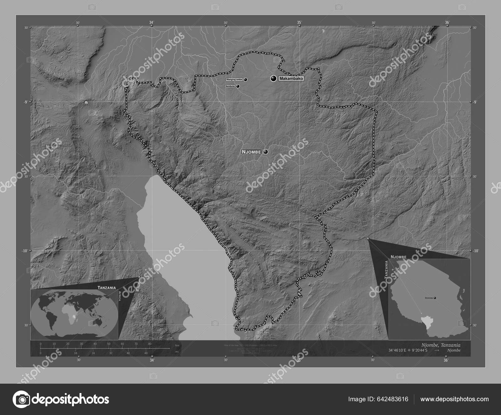 Njombe Region Tanzania Bilevel Elevation Map Lakes Rivers Locations ...