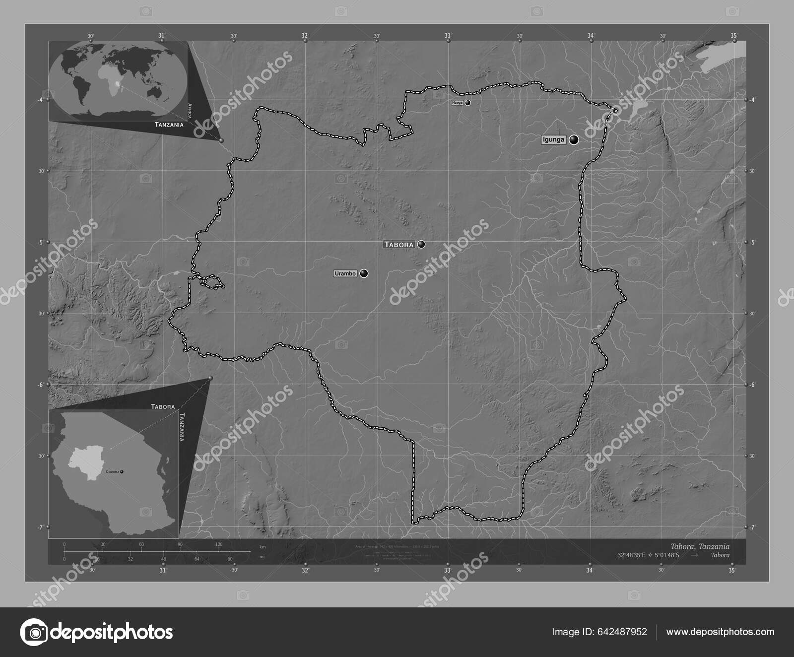 Tabora Region Tanzania Bilevel Elevation Map Lakes Rivers Locations ...