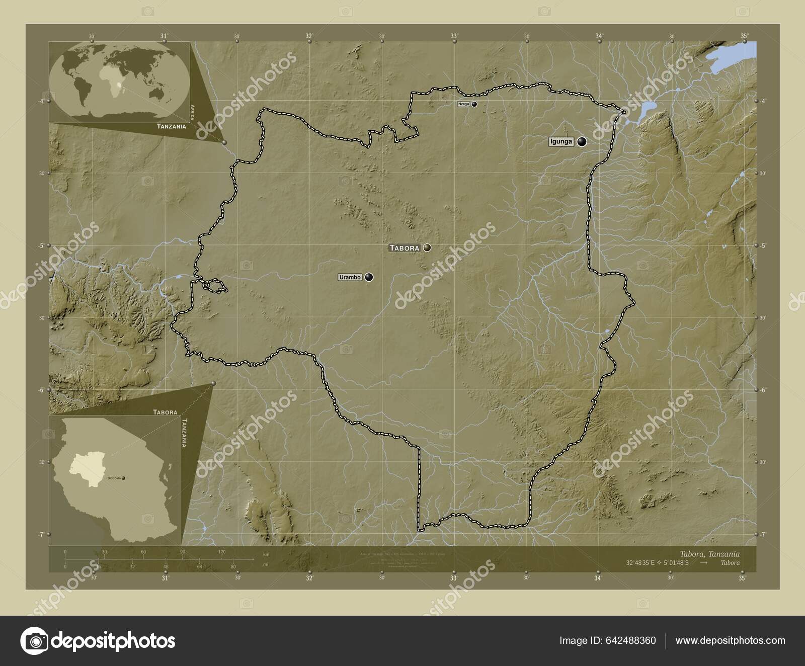 Tabora Region Tanzania Elevation Map Colored Wiki Style Lakes Rivers ...
