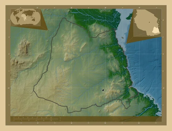 Lindi, region of Tanzania. Colored elevation map with lakes and rivers ...