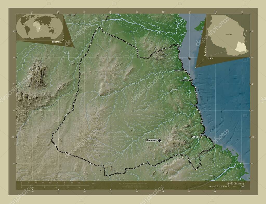 Lindi, región de Tanzania. Mapa de elevación coloreado en estilo wiki ...