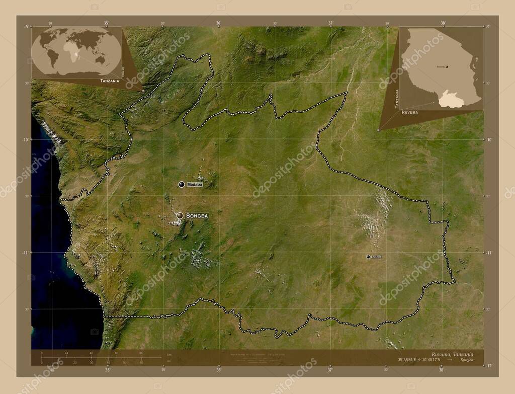 Ruvuma, region of Tanzania. Low resolution satellite map. Locations and ...