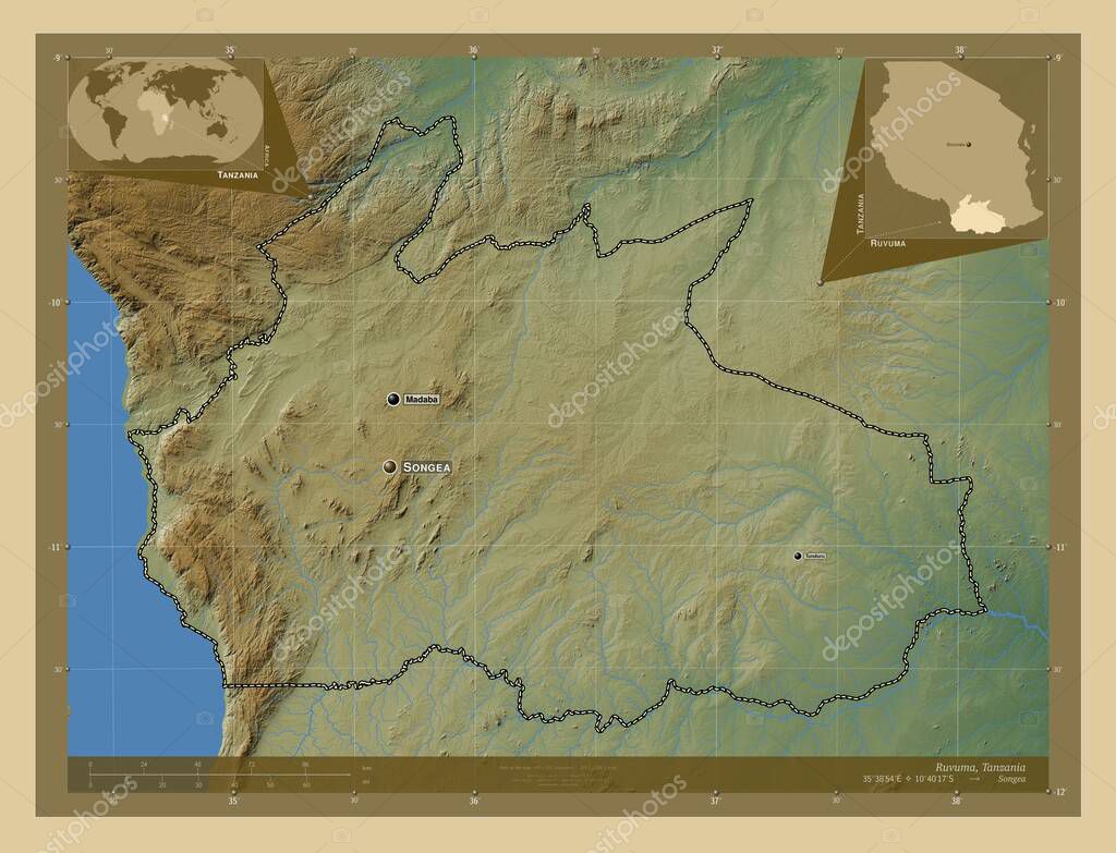Ruvuma, región de Tanzania. Mapa de elevación de colores con lagos y ...