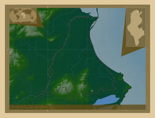 Ariana, governorate of Tunisia. Colored elevation map with lakes and ...