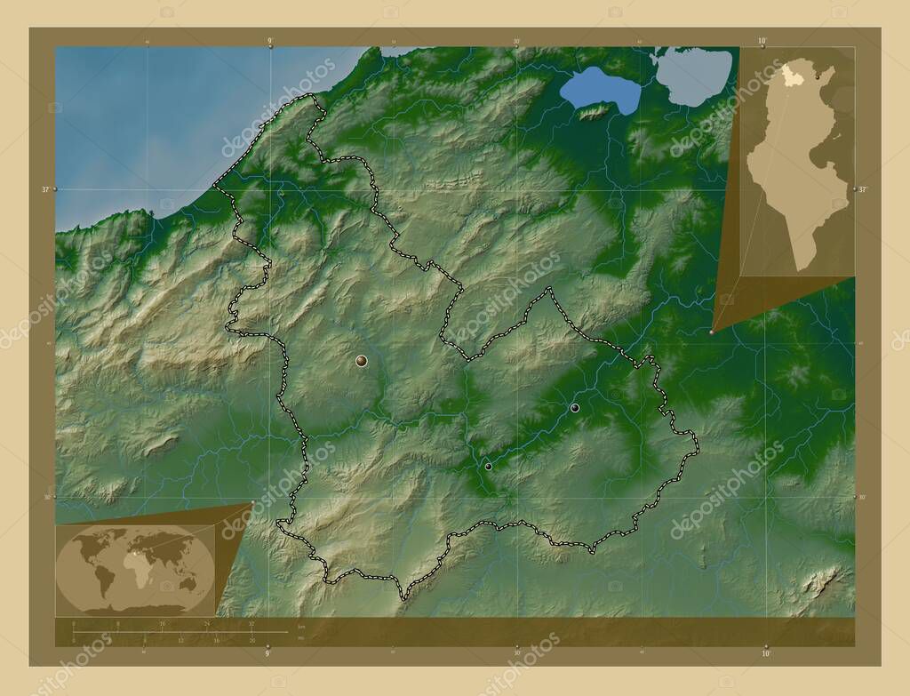 Beja, provincia de Túnez. Mapa de elevación de colores con lagos y ríos ...