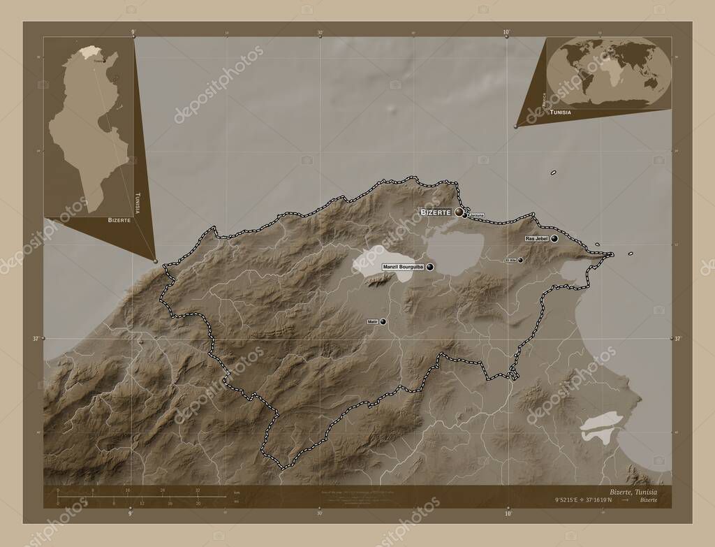 Bizerte, governorate of Tunisia. Elevation map colored in sepia tones ...