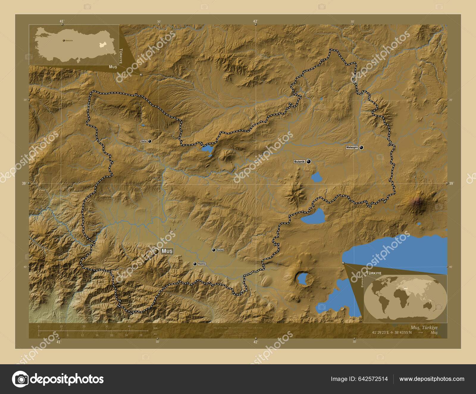 Mus Province Turkiye Colored Elevation Map Lakes Rivers Locations Names ...