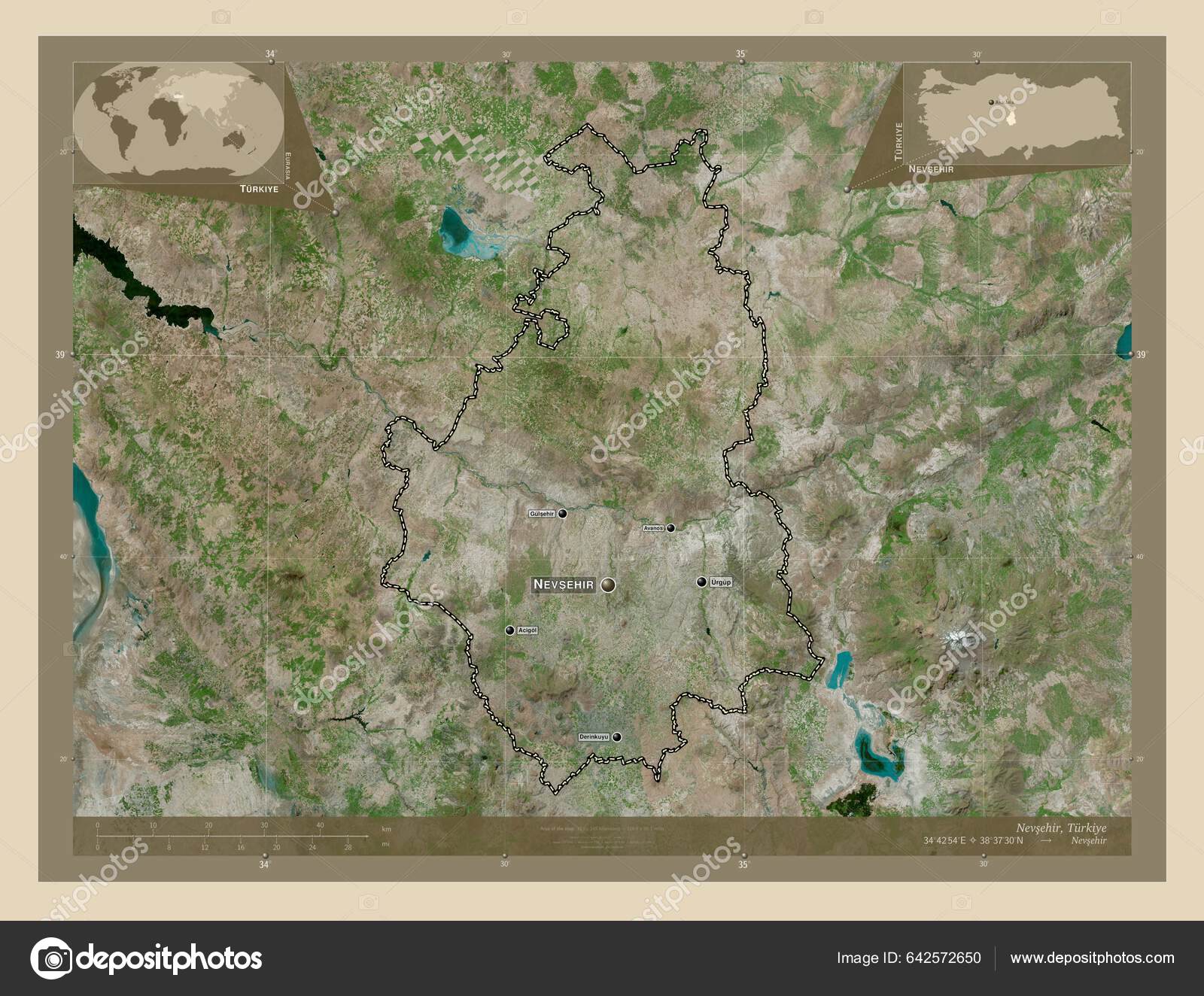 Nevsehir Province Turkiye High Resolution Satellite Map Locations Names ...