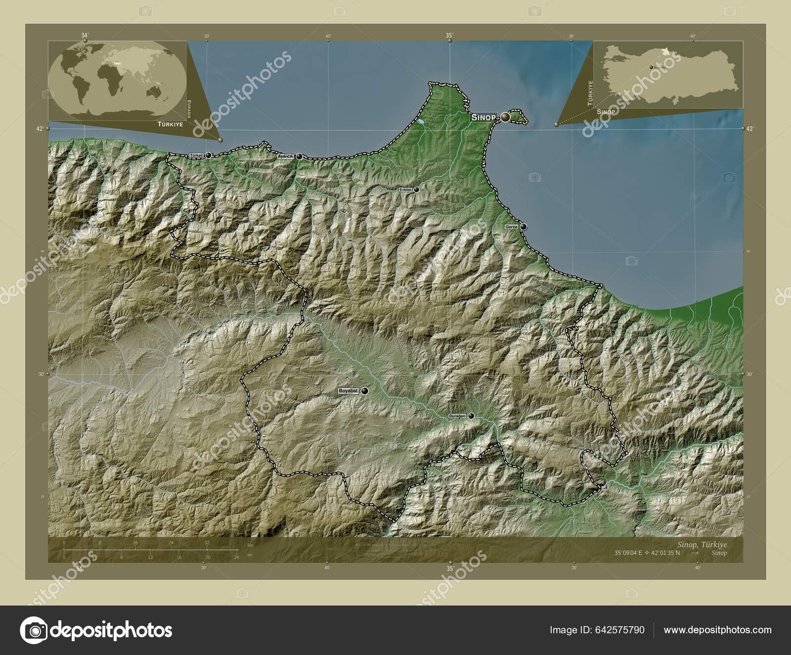 Sinop Province Turkiye Elevation Map Colored Wiki Style Lakes Rivers ...