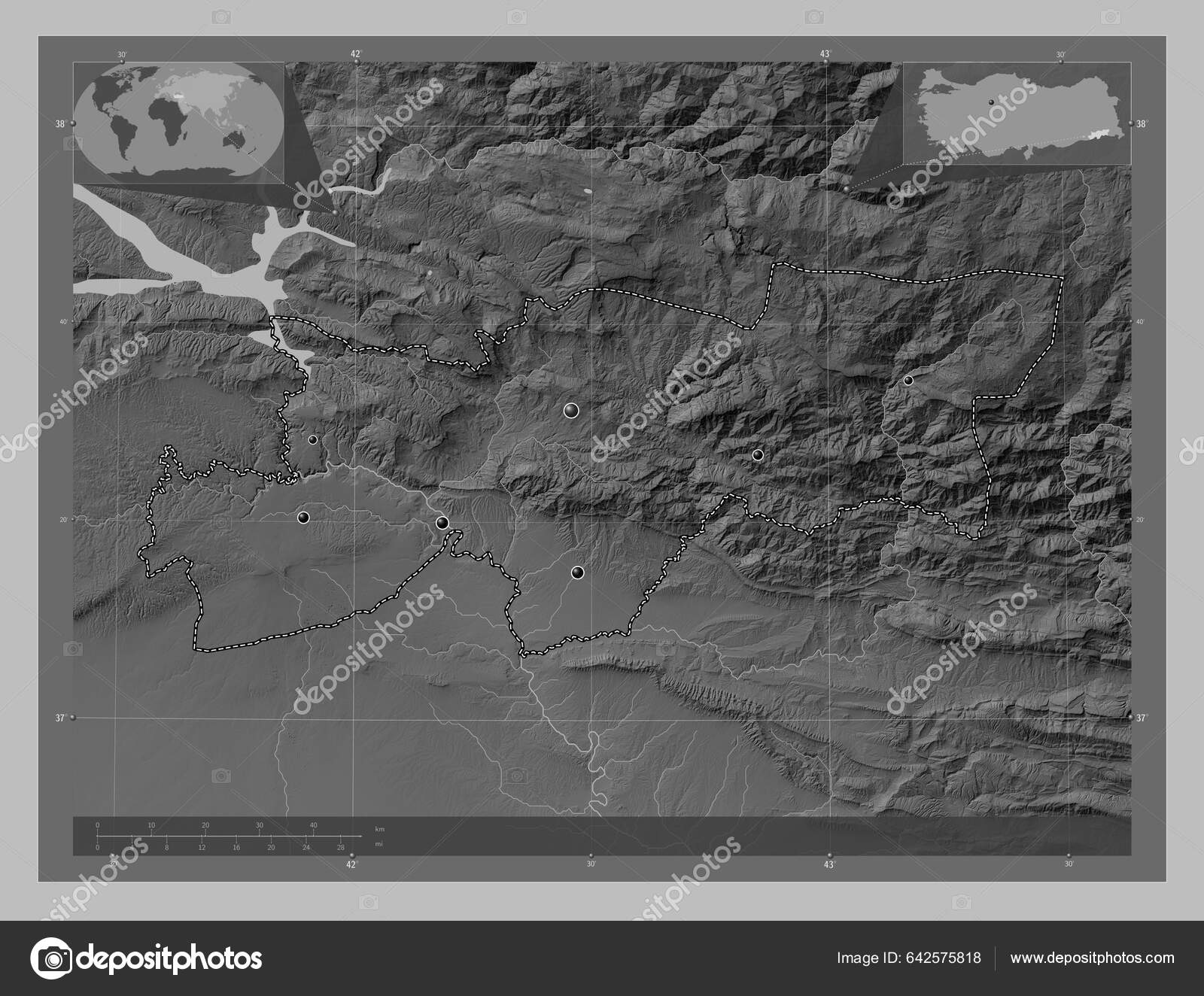 Srnak Province Turkiye Grayscale Elevation Map Lakes Rivers Locations ...