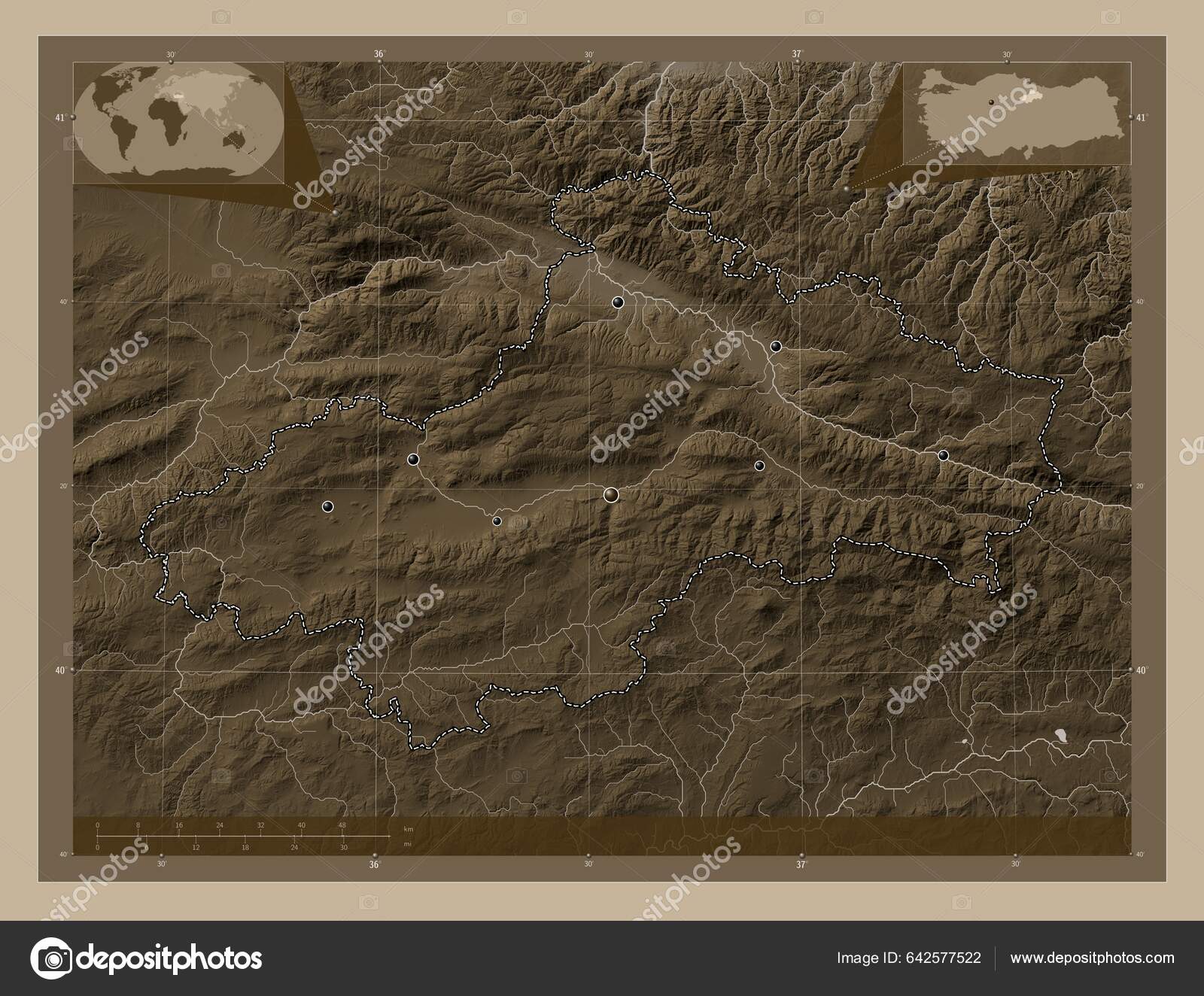 Tokat Province Turkiye Elevation Map Colored Sepia Tones Lakes Rivers ...