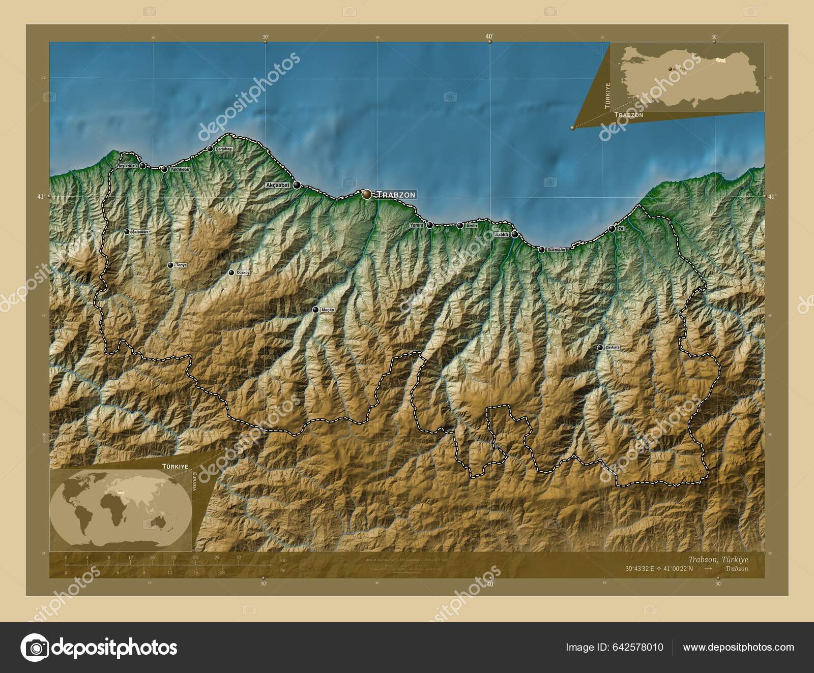Trabzon Province Turkiye Colored Elevation Map Lakes Rivers Locations ...