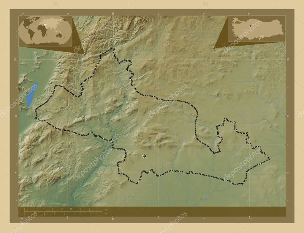 Kilis, province of Turkiye. Colored elevation map with lakes and rivers ...