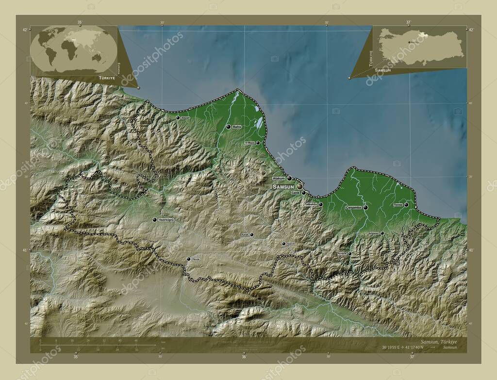 Samsun, provincia de Turkiye. Mapa de elevación coloreado en estilo ...