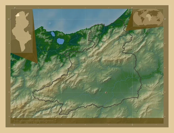 Jendouba, governorate of Tunisia. Colored elevation map with lakes and ...