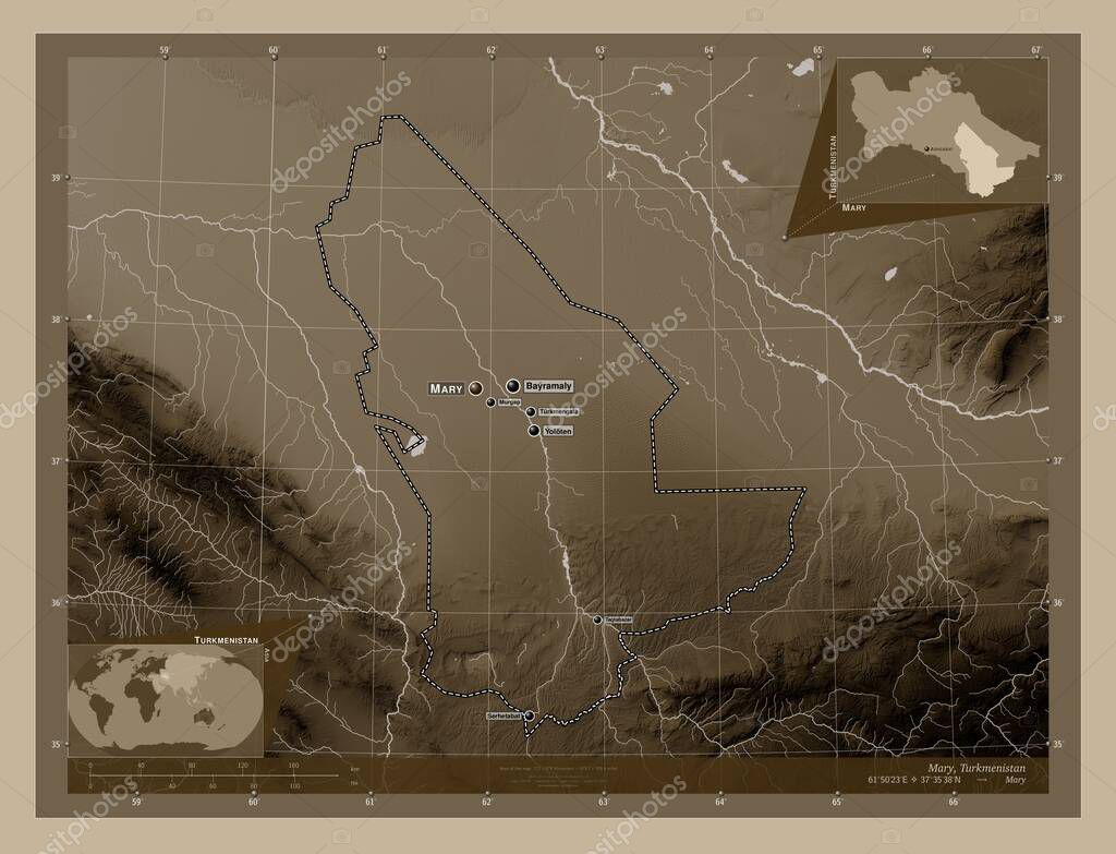 Mary, provincia de Turkmenist n. Mapa de elevaci n coloreado en tonos ...
