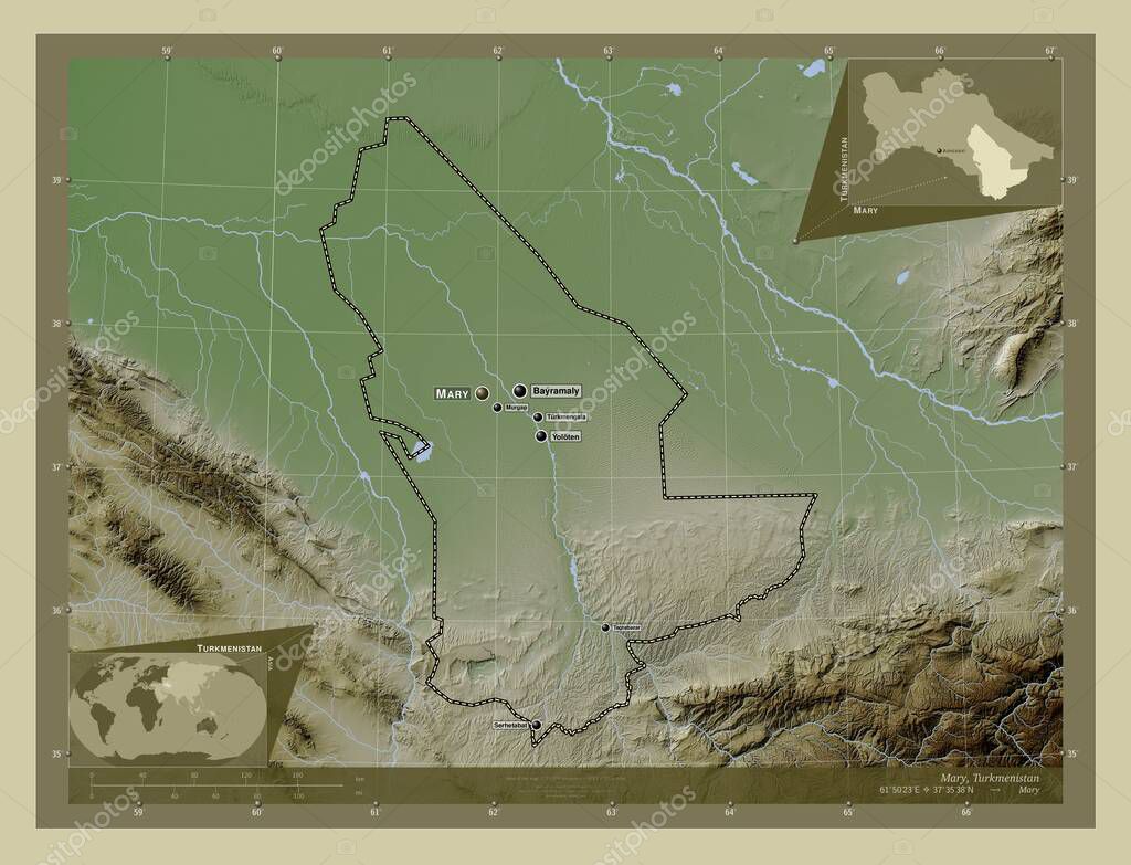 Mary, provincia de Turkmenistán. Mapa de elevación coloreado en estilo ...