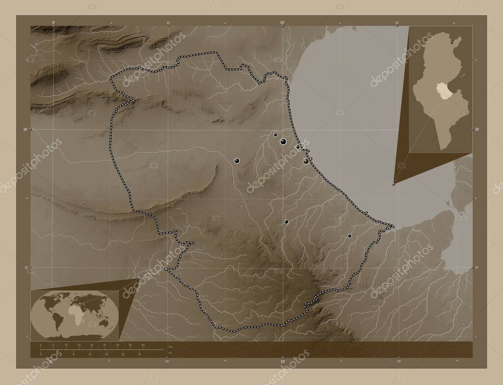 Gabes, governorate of Tunisia. Elevation map colored in sepia tones ...