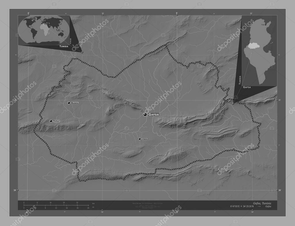 Gafsa, governorate of Tunisia. Bilevel elevation map with lakes and ...