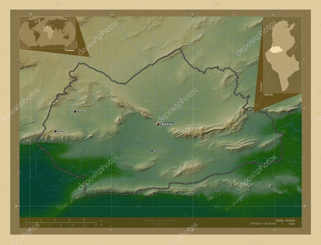 Gafsa, governorate of Tunisia. Colored elevation map with lakes and ...