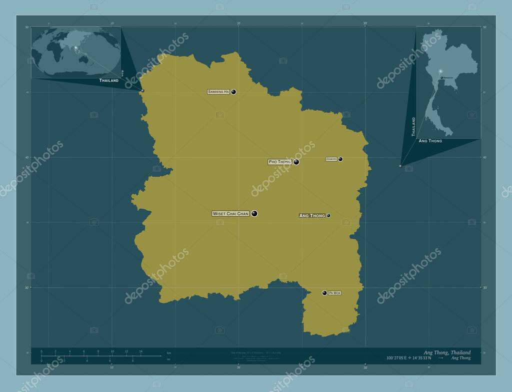 Ang Thong, province of Thailand. Solid color shape. Locations and names ...