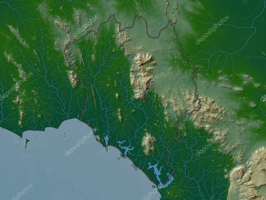 Chanthaburi, province of Thailand. Colored elevation map with lakes and ...