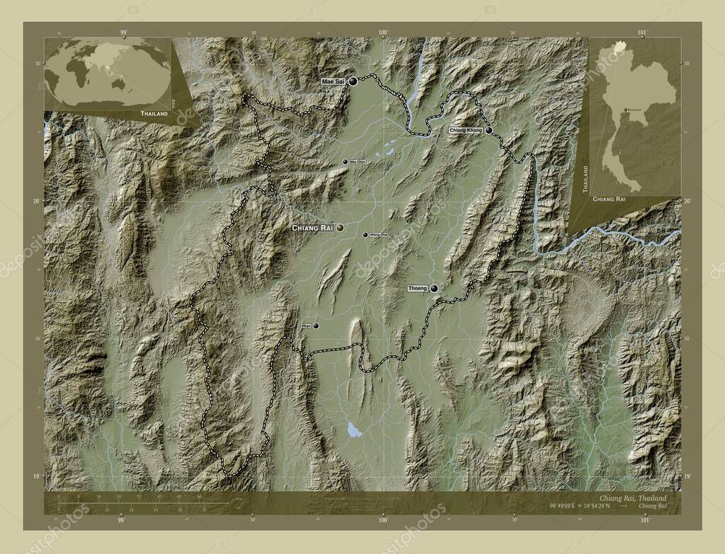 Chiang Rai, province of Thailand. Elevation map colored in wiki style ...