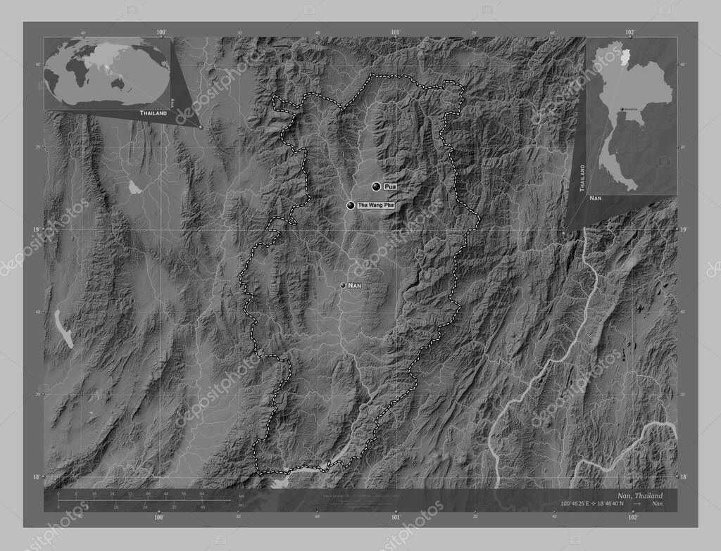 Nan, province of Thailand. Grayscale elevation map with lakes and ...