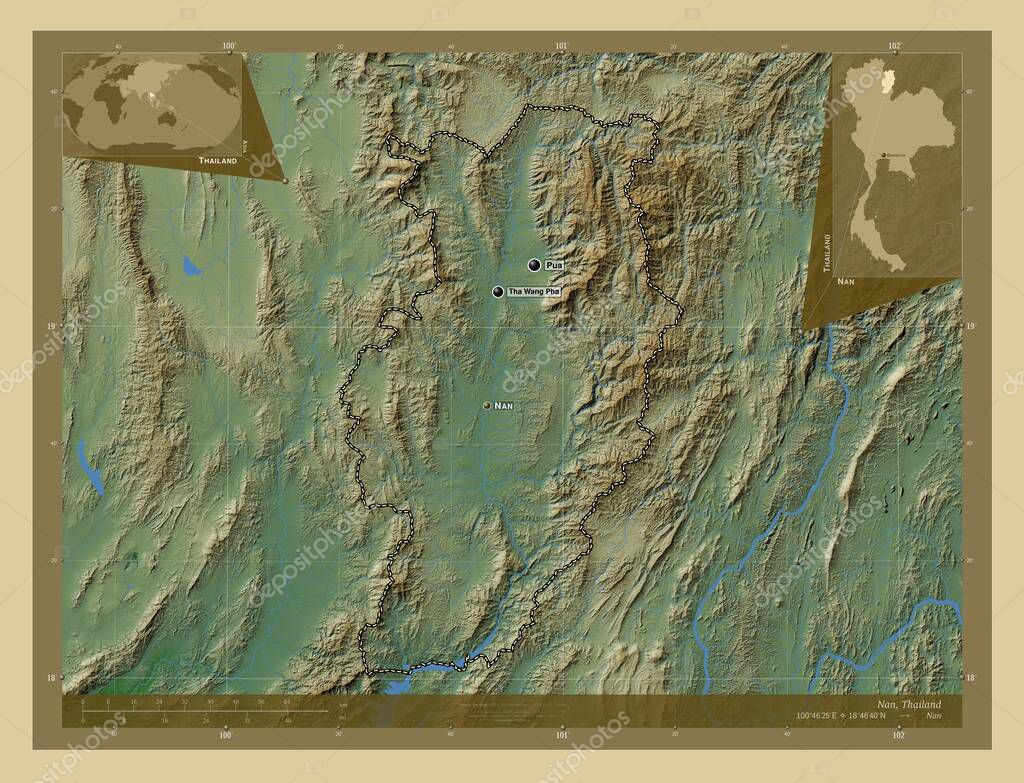 Nan, province of Thailand. Colored elevation map with lakes and rivers ...