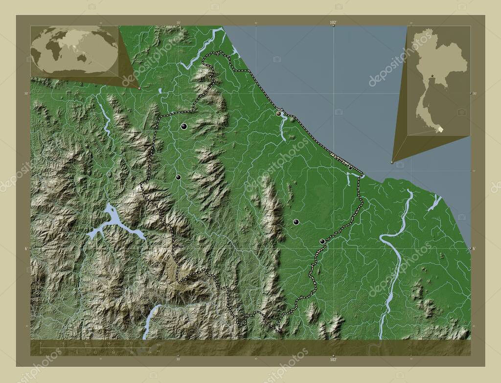 Narathiwat, provincia de Tailandia. Mapa de elevación coloreado en estilo wiki con lagos y ríos ...