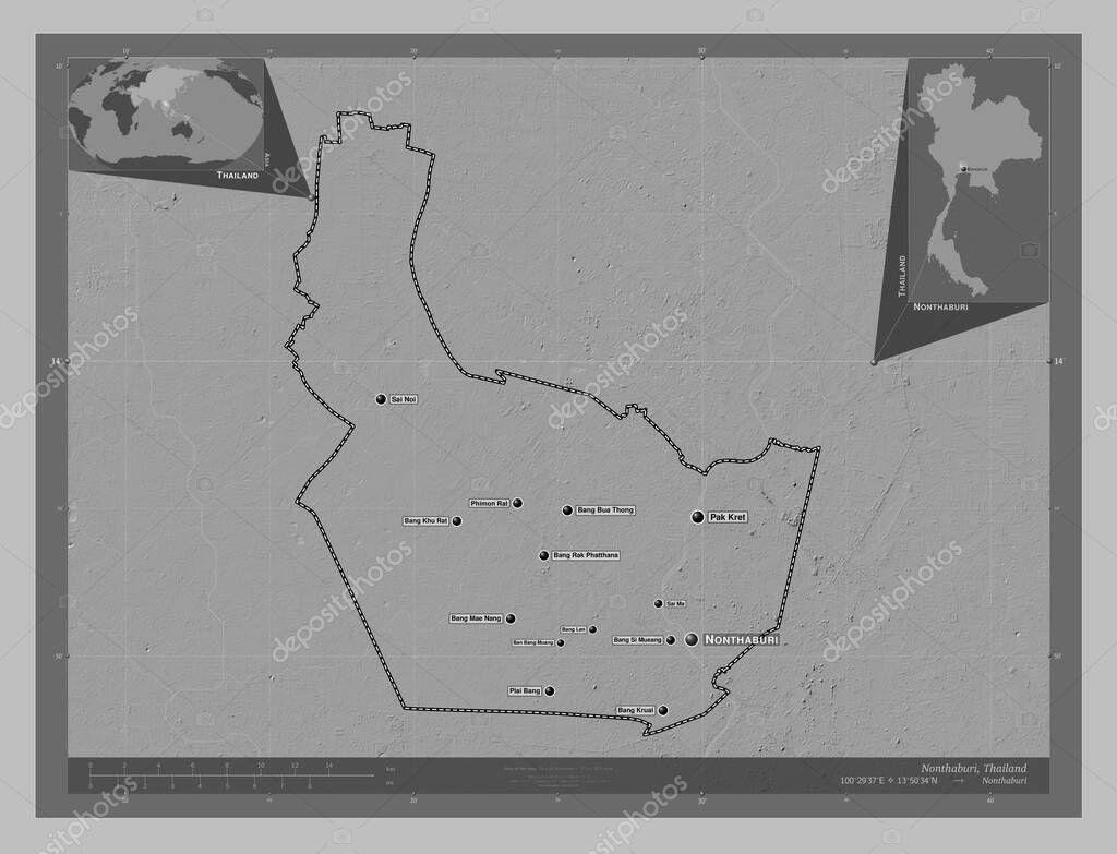Nonthaburi, province of Thailand. Grayscale elevation map with lakes ...