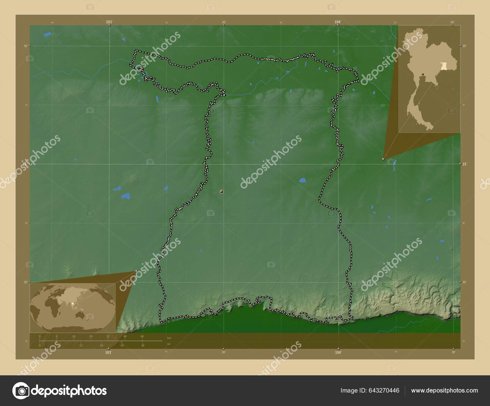 Surin Province Thailand Colored Elevation Map Lakes Rivers Corner ...