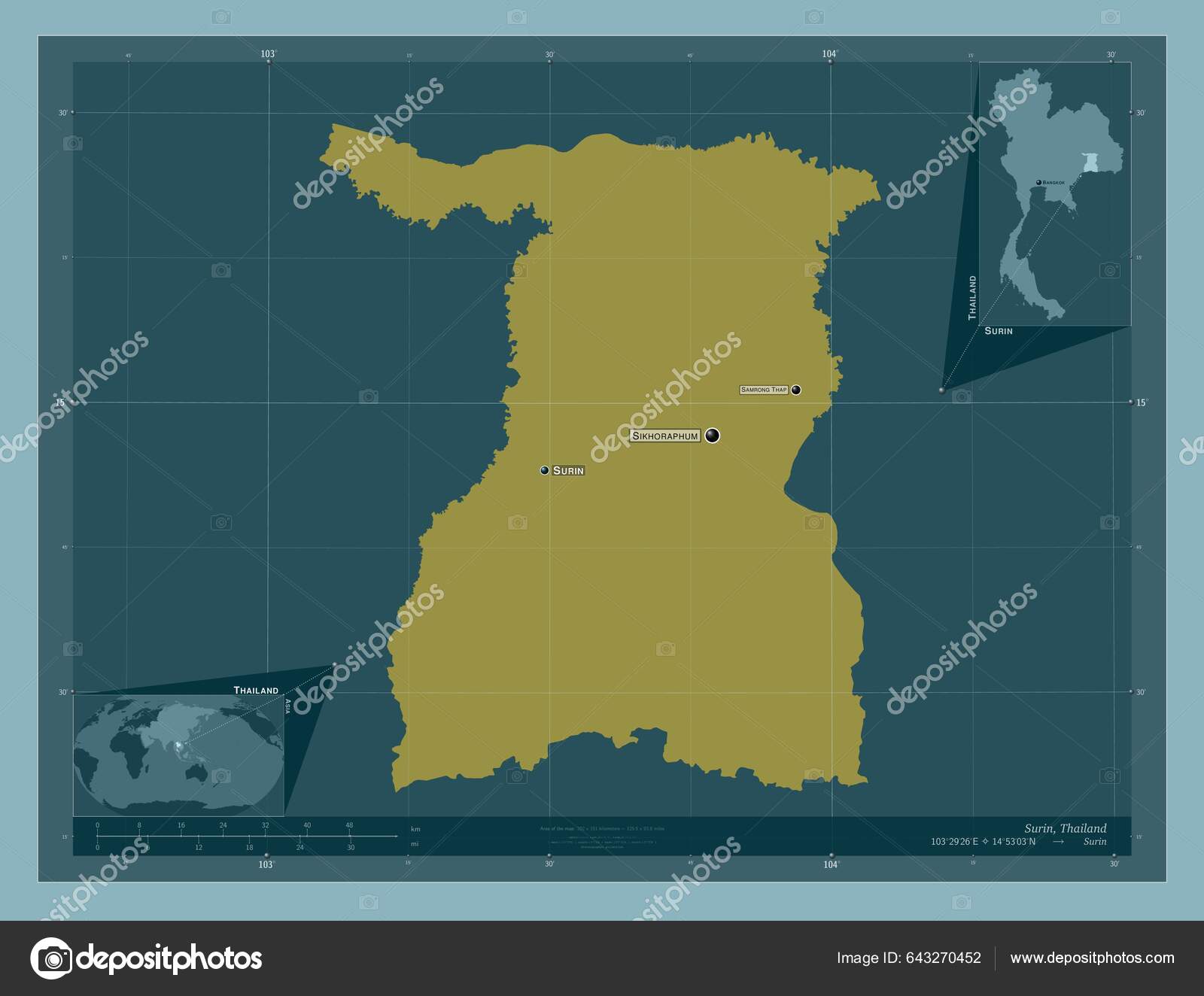 Surin Province Thailand Solid Color Shape Locations Names Major Cities ...
