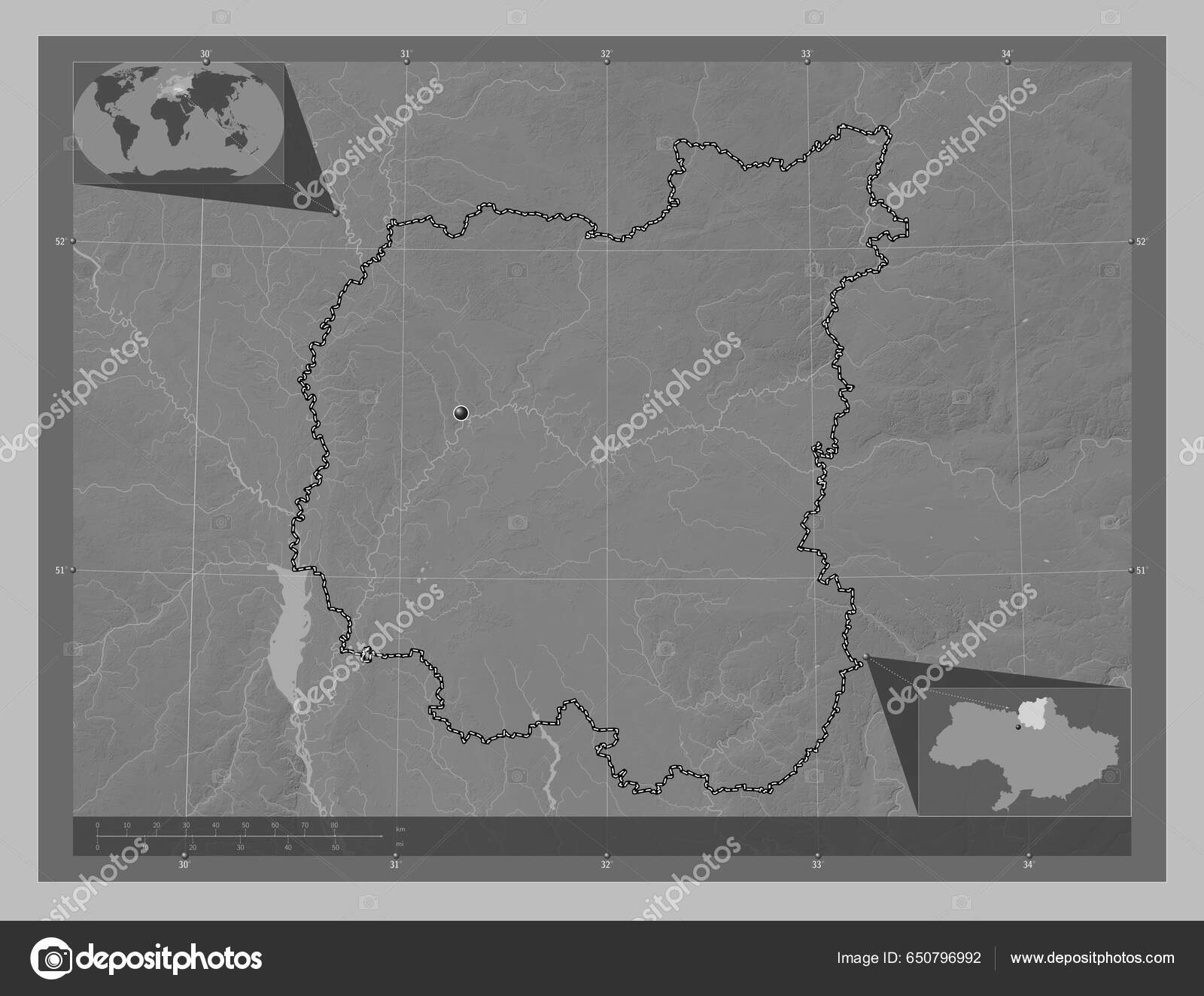 Chernihiv Region Ukraine Grayscale Elevation Map Lakes Rivers Corner ...